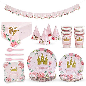 BLUE PANDA 194-Piece Princess Birthday Party Decorations, Pink Dinnerware Set with Plates, Napkins, Cups, Tablecloth, Cutlery, Banner, and Hats (Serves 24)