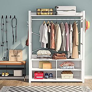 Tribesigns Free-standing Closet Clothing Rack, Metal Closet Organizer System with Shelves and Hooks, Heavy Duty Clothes Garment Rack Shelving for Bedroom, Laundry, Mushroom, Walk-in Closet (WHITE)