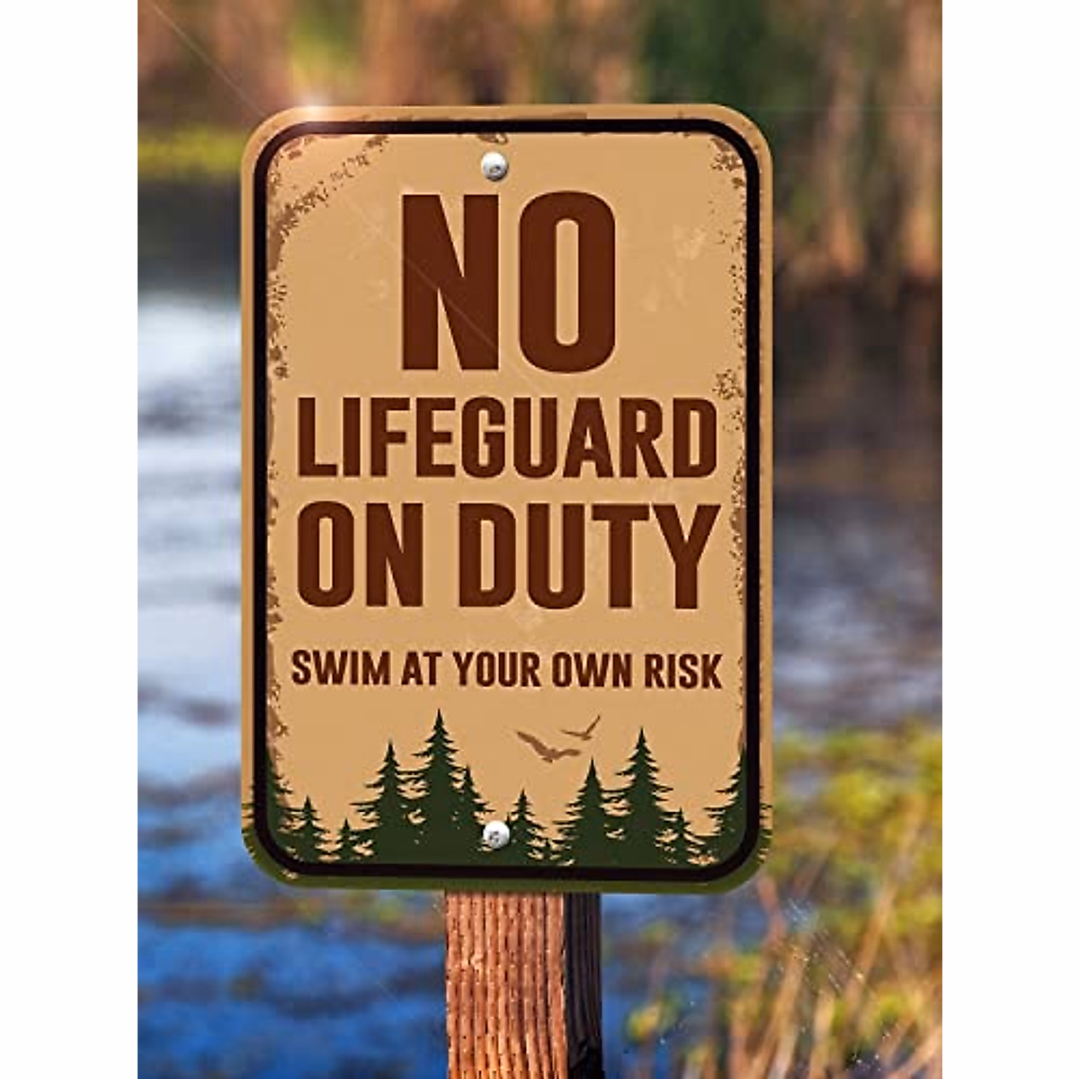 QISPIOD No Lifeguard on Duty Swim at Your Own Risk Metal Tin Sign for Outdoor & Indoor Display at Dock Lake Beach River Camp Pool Spa 8x12inch