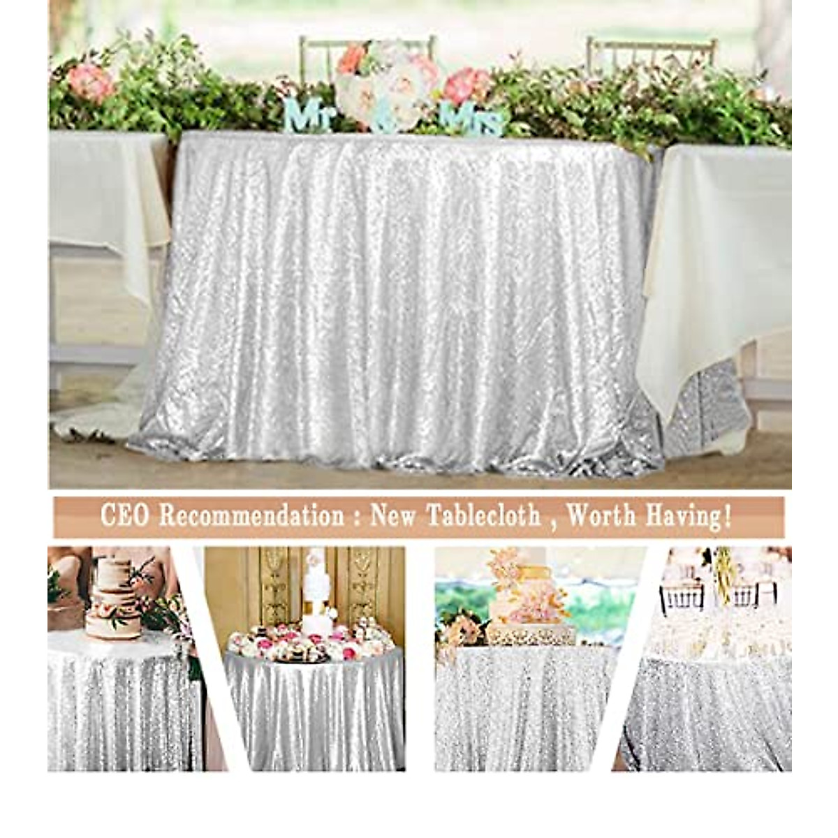 ShiDianYi 50''x72''Silver Sequin Tablecloth, Wedding Table Cloth, Sparkle Sequin Linens, Glitz, Sequin Cake Tablecloth, Sequin Tablecloth (50''x72'')