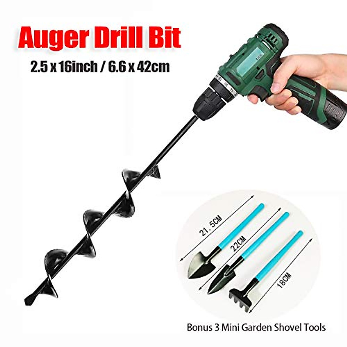 GreatforU Auger Drill Bit, Non-Slip 2.5" x 16" Garden Plant Flower Bulb HEX Shaft Auger, Earth Auger Spiral Bit, Post or Umbrella Hole Digger for 3/8" Hex Drive Drill, Free 3 Gardening Shovel Tools