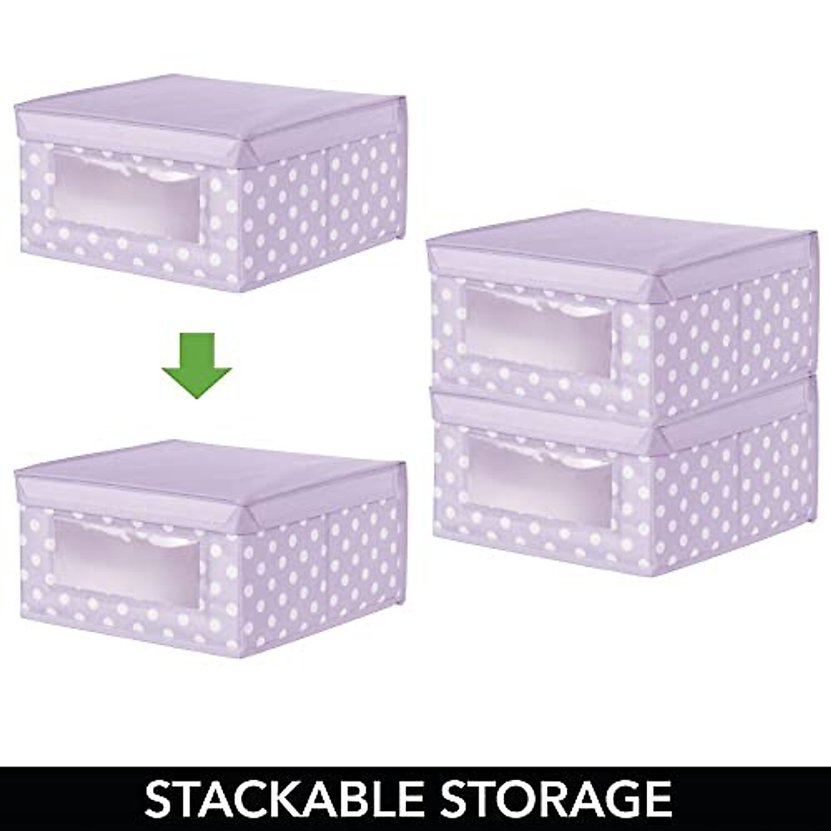 mDesign Medium Soft Stackable Fabric Baby Nursery Storage Organizer Holder Bin Box with Front Window and Lid for Child/Kids Bedroom, Playroom, Classroom - 4 Pack, Light Wisteria Purple/White Polka Dot