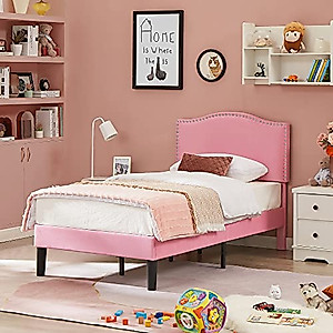 VECELO Twin Bed Frame Platform Bed Frame with Upholstered Headboard, Strong Frame and Wooden Slats Support, Strong Weight Capacity, Non-Slip and Noise-Free, Easy Assembly,Pink