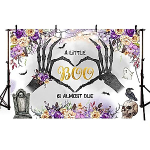 MEHOFOND 7x5ft Halloween Baby Shower Backdrop A Little Boo is Almost Due Purple Orange Floral Grey Watercolor Background Boos Tombstone Skull Crow Photo Booth Props
