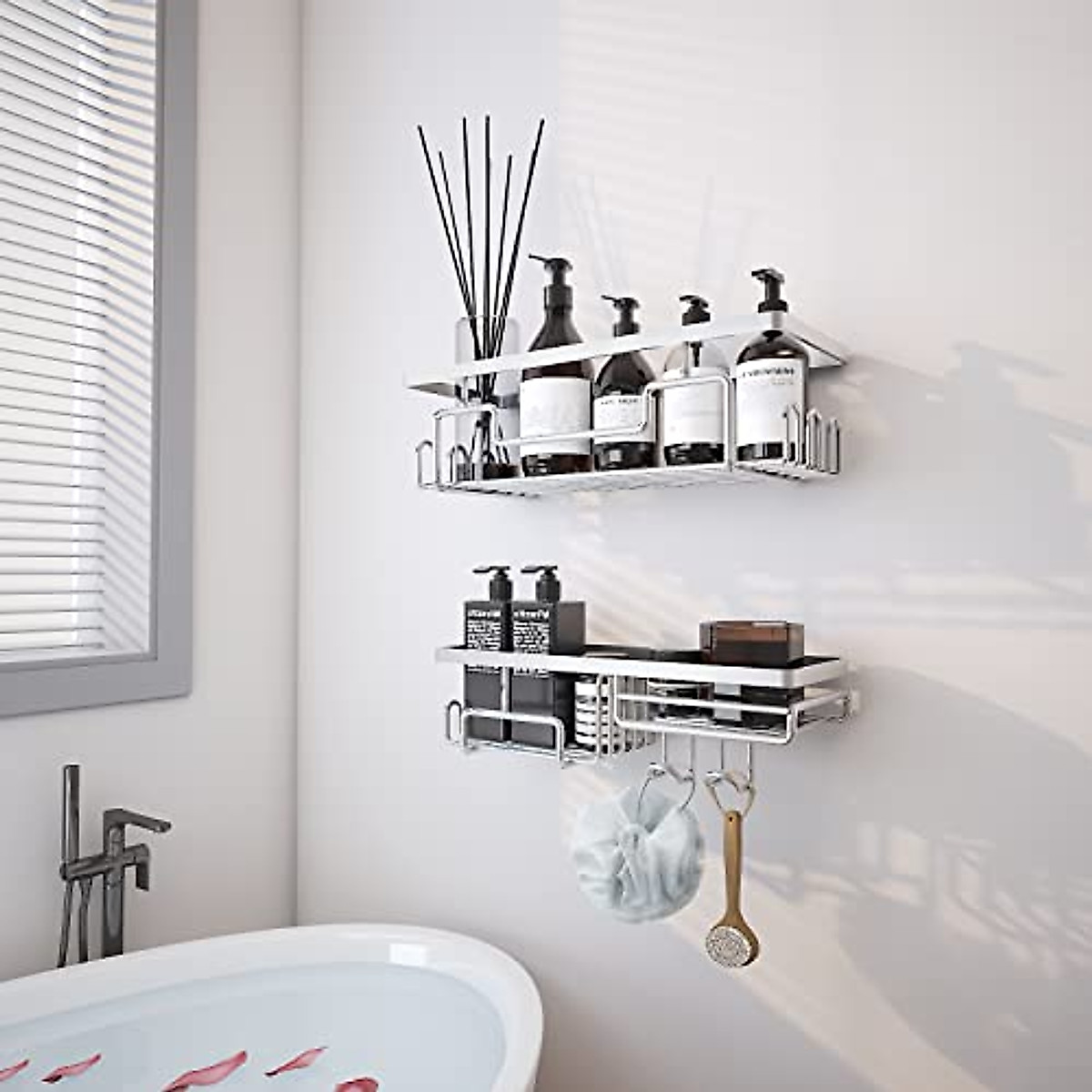 WESTREE Shower Caddy Shelf Bathroom - No Drilling Traceless Adhesive Bathroom Storage Organizer, 2-in-1 Shower Holder Organizer Kitchen Shelves Basket for Bathroom Kitchen