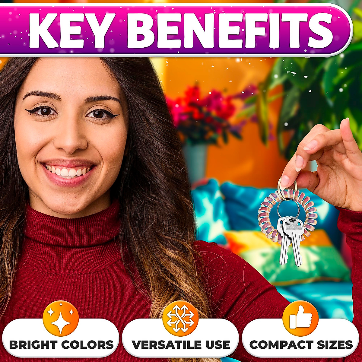 10Pcs Spiral Wrist Coil Key Chain - Wrist Coil Keychain Coil Bracelet Key Chain Wristlet Bracelet for Keys Key Chain Bracelet Coil Bracelets with Key Ring - Wrist Key Holder Stretchy Keychain Bracelet