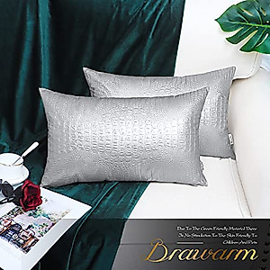 BRAWARM Faux Leather Pillow Covers 12 X 20 Inches, Silver Leather Pillow Covers Pack of 2, Crocodile Leather Decorative Lumbar Throw Pillows for Living Room Couch Bed Sofa Home