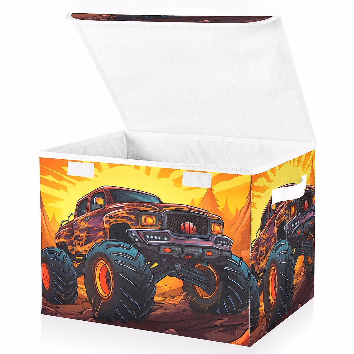 Vnurnrn Monster Truck Sports Storage Cube with Lid Collapsible, Large Capacity Foldable Storage Basket Bin Organizer 16.5×12.6×11.8 IN