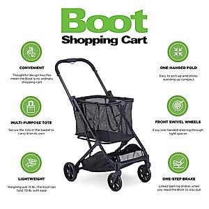 Joovy Boot Shopping Cart Featuring 70 lbs Total Weight Capacity, Stylish Removable Tote, Swivel Tires for Easy Steering, One-Handed Compact Fold, and One-Step Parking Brake (Black Frame)