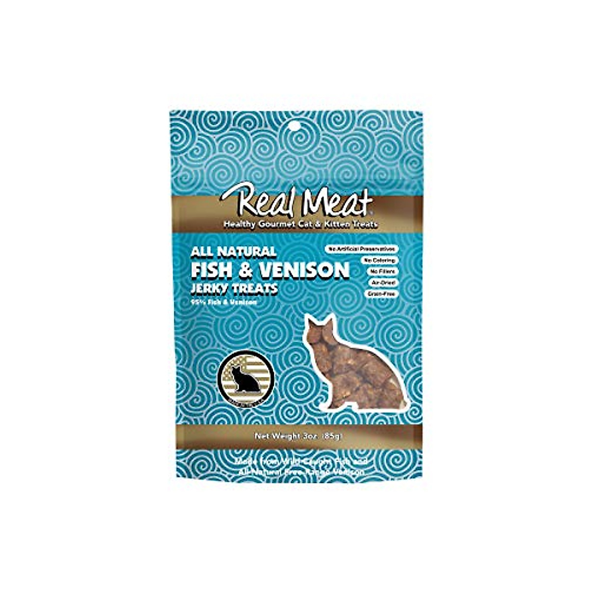 Real Meat, Air-Dried Jerky Treats, Free-Range, All-Natural Fish & Venison Cat Treats 3oz