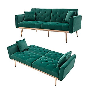 NOSGA Velvet Sofa Bed Convertible Sleeper Sofa, Modern Tufted Sofa Bed with 2 Throw Pillow, Adjustable Folding Accent Sofa Rose Gold Metal Feet for Living Room Bedroom (Green)
