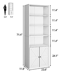 IDEALHOUSE White Bookcase with Doors Industrial Bookshelf 11.8in Depth Display Storage Shelves 71.4in Tall Farmhouse Bookcases Wooden 6 Shelf Bookshelvels for Bedroom, Living Room, Home Office, White