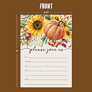 Koko Paper Co Fall Invitations with Pumpkin and Sunflowers | 25 Fill-in Invitations and 25 Bright White Envelopes | Printed on Heavy Card Stock.