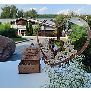 Wedding Guest Book Alternative, Drop Top Frame with Photo, Rustic Wedding, Guest Book Sign, Wooden Box with Hearts - 80 pcs, Shadow Box for Wedding, Baby Shower, Anniversary (Oak-Transparent)