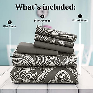 Lux Decor Collection Bed Sheets - 6 Pc King Size Sheets - 1800 Thread Count Brushed Microfiber Sheets - 16 Inches Deep Pocket Bedding Sheets & Pillowcases (King, Paisley Grey)
