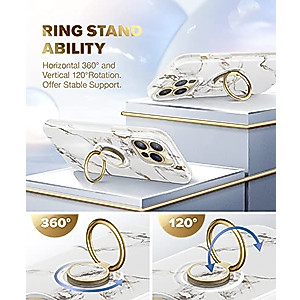 GVIEWIN Compatible with iPhone 14 Pro Case 6.1 Inch 2022, [Built-in 360° Rotatable Ring Stand] Marble Slim Stylish Durable Hard Shockproof Phone Holder Kickstand Cover(White/Gold)