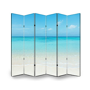 Wood Screen Room Divider Clean White Beach Folding Screen Canvas Privacy Partition Panels Dual-Sided Wall Divider Indoor Display Shelves 6 Panels