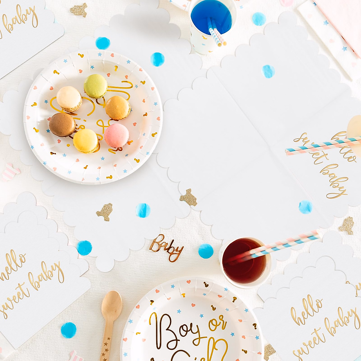 Zhanmai 100 Pcs Scalloped Baby Shower Napkins Hello Sweet Decorations Paper White and Gold Napkins Disposable Luncheon Cocktail Napkins Folded 5 x 5 Inch for Baby Shower Party Decor