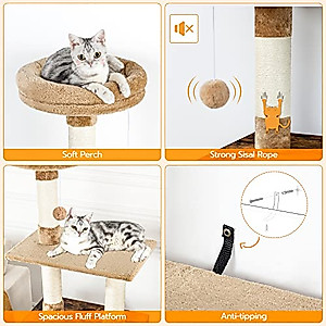 HOOBRO Litter Box Enclosure with Cat Tree Tower, Hidden Cat Washroom with Scratching Post and Soft Plush Perch, Wooden Cat Furniture, Indoor Pet Cabinet with Multiple Platforms, Rustic Brown BF12MW03