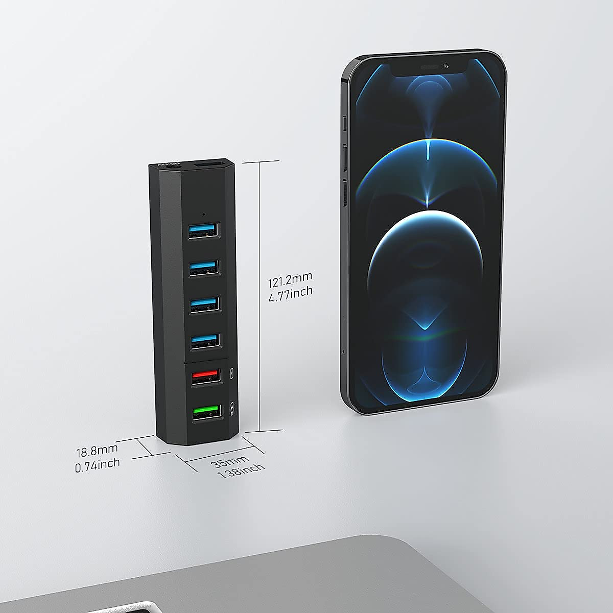 USB Hub, Aiibe 6 Ports Super High Speed USB 3.0 Hub Splitter + 24W Power Adapter + USB 3.0 Cable, Black Smart Fast Charger Powered USB Hub for Laptop, Mac, PC, Mobile HDD, Mulitple Devices