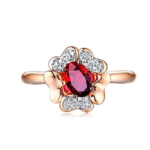 KnBoB Women Flowers Oval Shape 0.6ct Ruby Ring 18K Rose Gold Promise Wedding Engagement Bridal Anniversary Ring Size 7