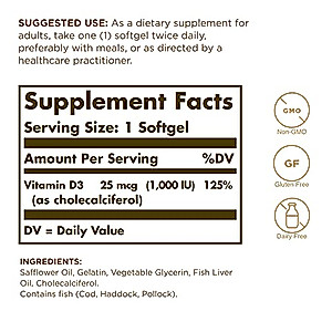 Solgar Vitamin D3 (Cholecalciferol) 25 MCG (1000 IU), 250 Softgels - Helps Maintain Healthy Bones & Teeth - Immune System Support - Non-GMO, Gluten Free, Dairy Free - 250 Servings
