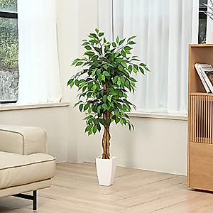 Kazeila Artificial Ficus Tree 4FT Tall Faux Silk Plant with White Taper Planter Fake Greenery Potted Plant for Home Office Decor Indoor