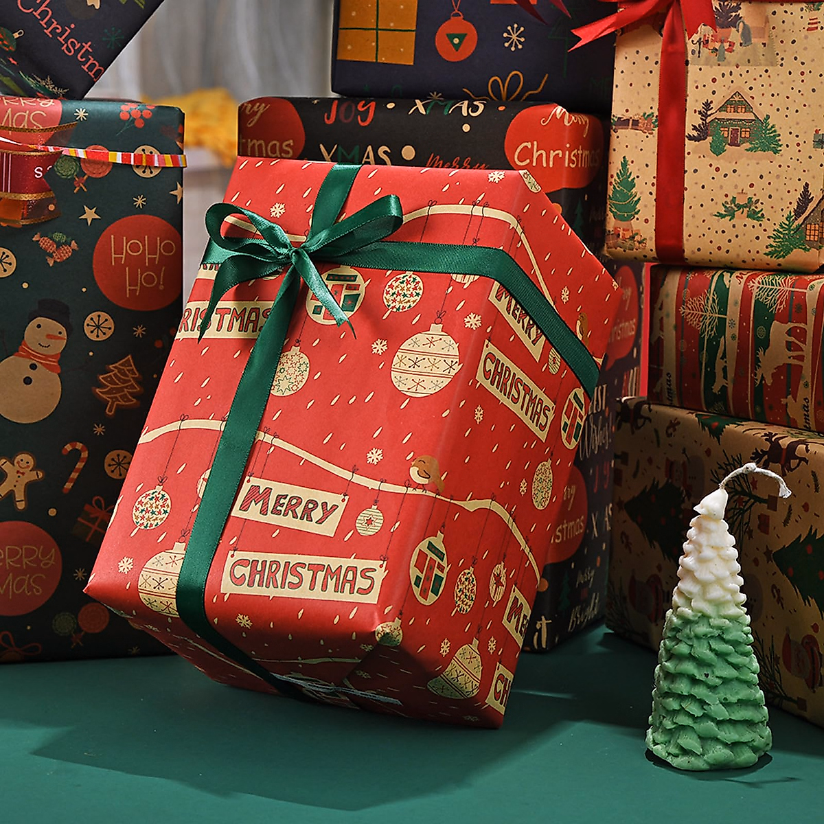 DIYCICO 12 Sheets Christmas Wrapping Paper Holiday Woodland Gift Scene with Christmas Tree, Snowflakes, Red Truck, Santa Claus, snowman, 28 x 20 Inch, Heavy Thicker Folded Flat Paper (Not Rolled)