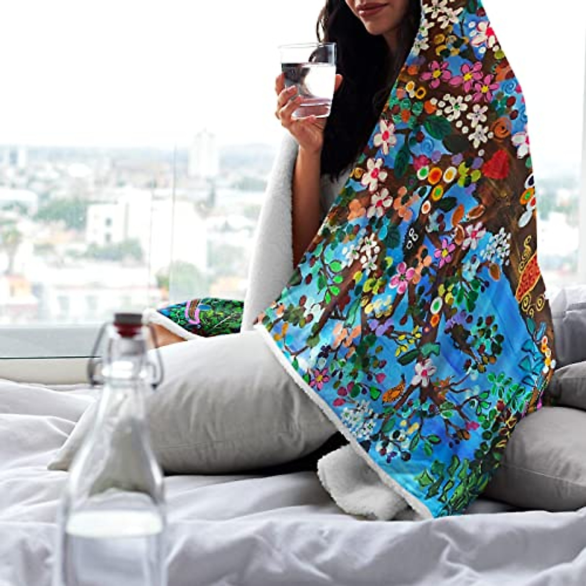 321DESIGN Blue Tree of Life Wearable Blanket Fleece Hooded Robe Cloak Throw Quilt Poncho Microfiber Sherpa Plush Warm Wrap Multiple-Size Adult(80"x60"in)