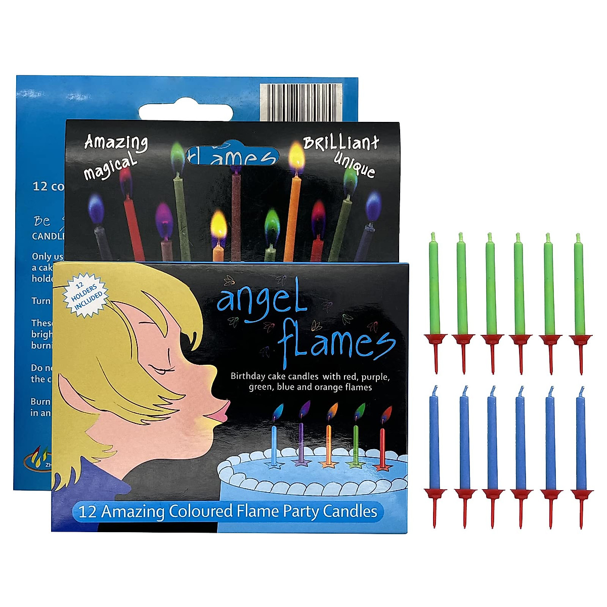 Angel Flames Birthday Candles with Cold Color Flames Happy Birthday Candles for Boys (Blue and Green Flames, 12 per Box, Holders Included)