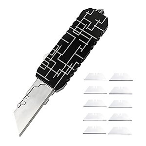 TGZUO Aluminium Alloy Utility Knife with Clip Small EDC Telescopic Retractable Box Cutter Knife Pocket 10pcs Carbon Steel Blades (Black)