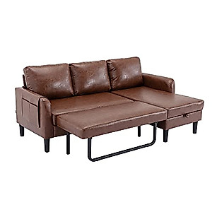 Eafurn Sectional Sofa with Pull Out Bed, PU Leather Upholstered 3 Seats Sleeper Couch and Chaise Lounge w/Storage, Modern Design 72" L-Shaped Corner Sofa & Couches for Living Room