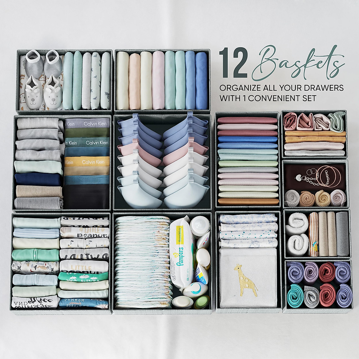 NEATERIZE Drawer Organizer - [Set Of 12] - Closet Organizer and Storage Baskets| Foldable Cloth Drawers Divider | Fabric Bin For Dresser & Shelves |Organize Underwear, Socks, Bra, & Tie’s (Grey)