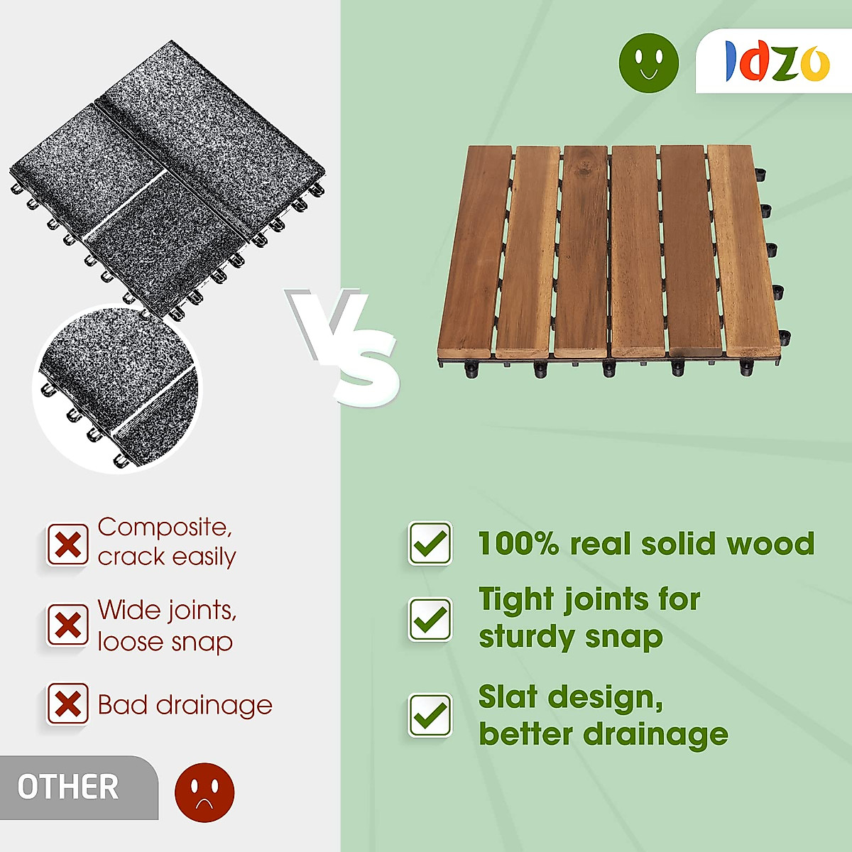 Idzo Interlocking Deck Tiles - 20PCS Waterproof Acacia Wood Patio Tiles, Flooring Tiles for Both Indoor and Outdoor - Decking 2 Style 12 Slats and 6 Slats, Golden Teak, 12 x 12 x 0.9 inches