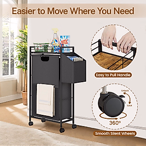 LASZOLA Slim Laundry Hamper with Wheels & Lid, 52L Thin Narrow Laundry Basket with Handle for Small Spaces, Tall Rolling Skinny Clothes Hamper with Removable Liner Bag, Side Pockets and Net Bag, Black