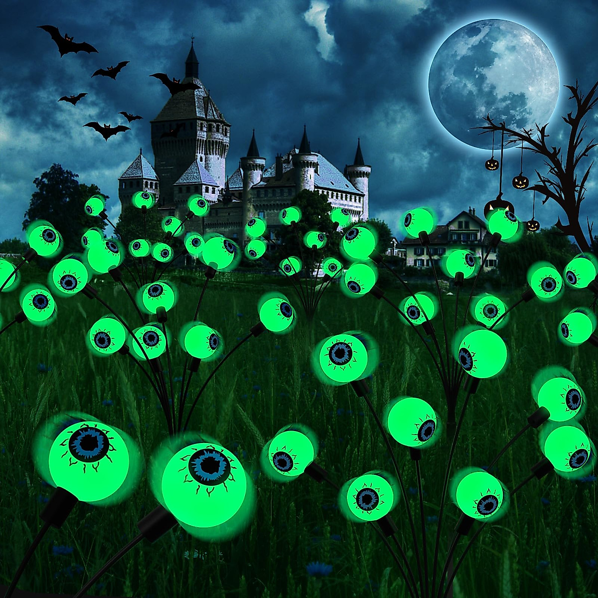 2PACKS 16LED Solar Scary Eyeball Lights Halloween Decor Outdoor, 28" Halloween Solar Powered Firefly Yard Lights Waterproof Outside Swaying Decorations for Garden/Lawn/Party, 2 Modes (Green)