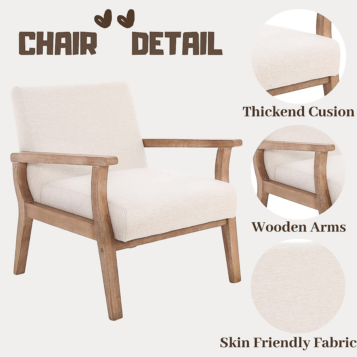CIMOO Beige Accent Chair Mid Century Modern Armchair Wood Sitting Chair Linen Fabric Upholstered Side Chair Comfortable Chair for Living Room Bedroom Cream
