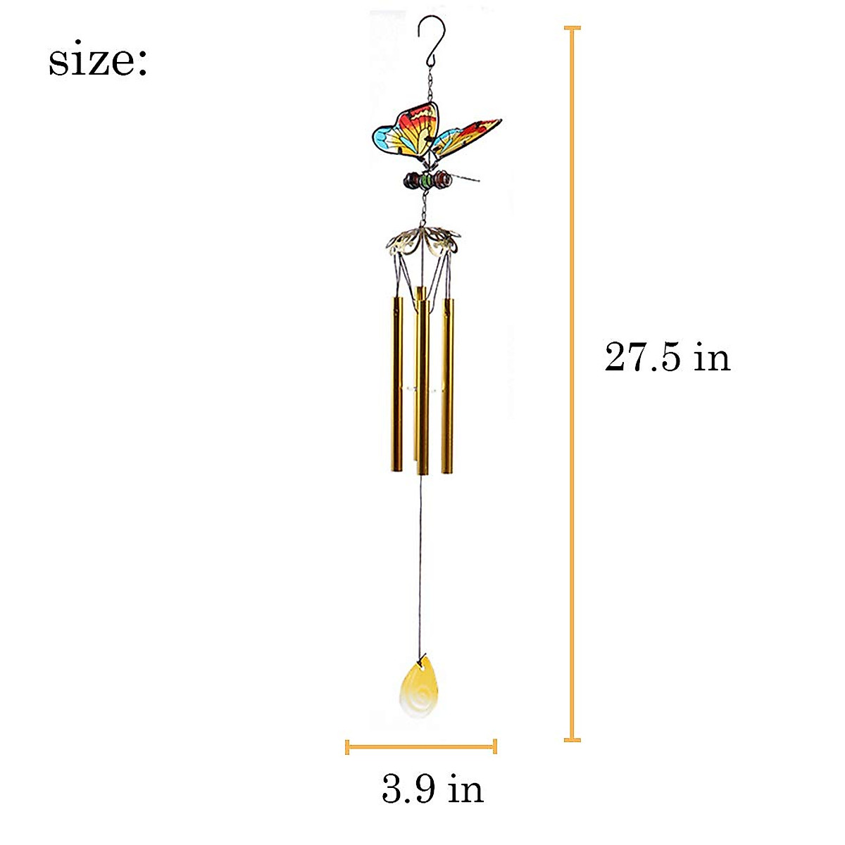 Butterfly Wind Chimes, AVEKI 27.5''H Iron Stained Glass Butterfly Wind Chimes Gifts for Mom Outdoor/Indoor Wind Chimes for Home, Garden, Window, Yard, Patio, Lawn Decoration (Yellow)