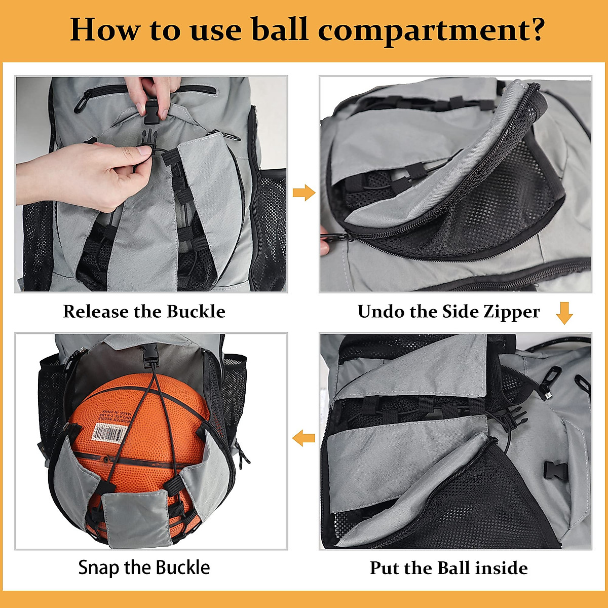 BeeGreen Grey Basketball Backpack Drawstring Backpack with Ball Holder & Shoe Compartment Sling Backpack for Soccer & Football & Volleyball, String Backpack for Dance Sports Yoga Men Women