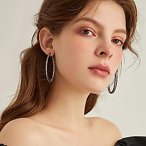 2 Inch Black Large Hoop Earrings for Women Stainless Steel Hypoallergenic Big Hoop Earrings White Cubic Zircon Hoops Rhinestone Crystal Earrings for Sensitive Ears 50mm