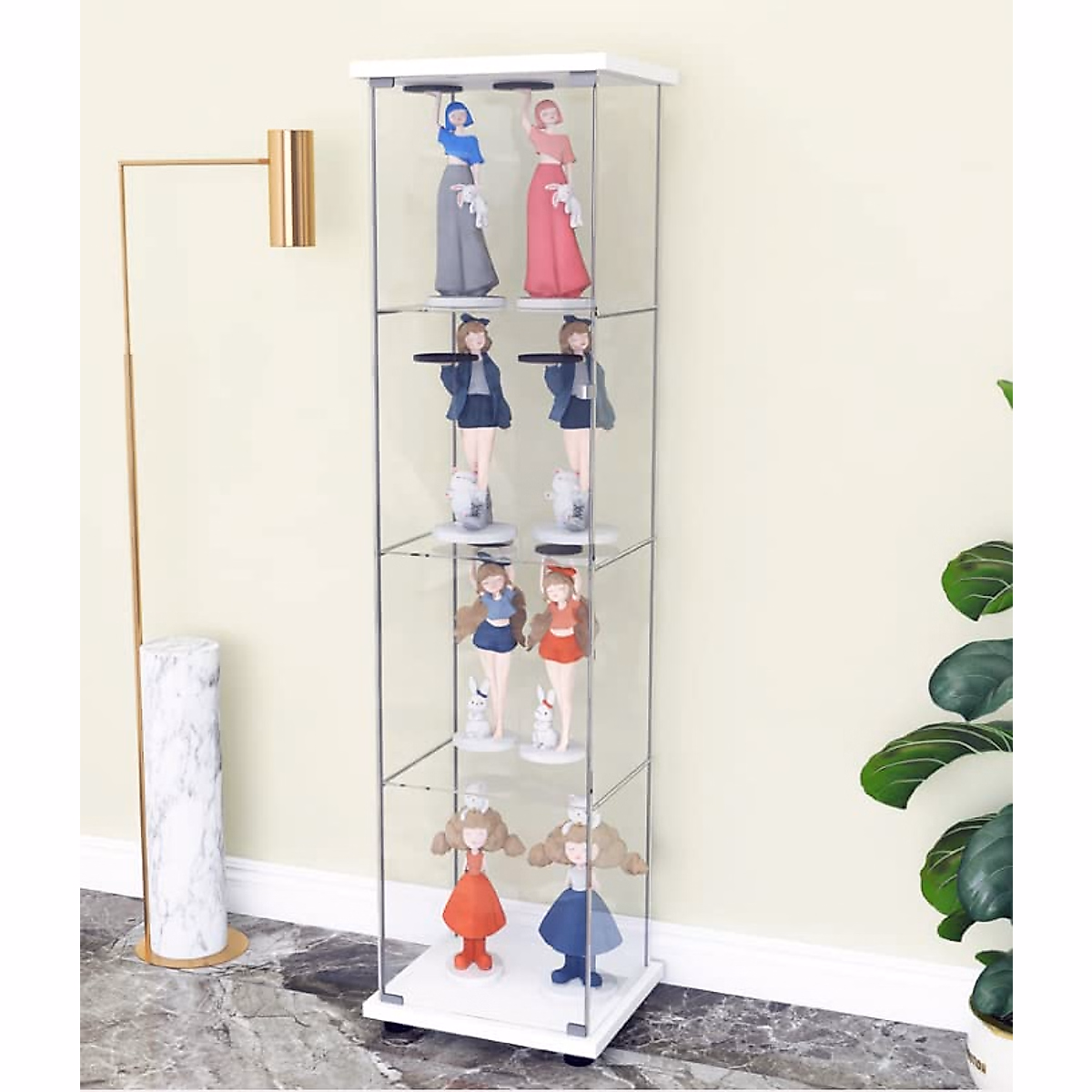 JT Glass Display Cabinet 4 Shelves with Door, Easy to Install, Solid Tempered Glass, Floor Standing Curio Bookshelf for Living Room Bedroom Office (White)