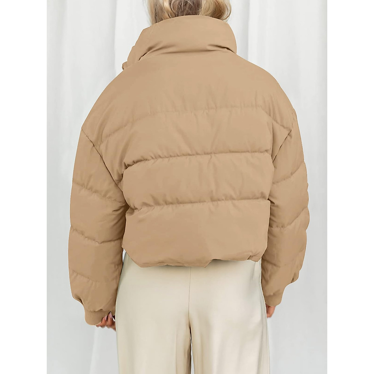 MEROKEETY Women's Winter Cropped Puffer Jacket Long Sleeve Oversized Stand Collar Zip-Up Short Coat