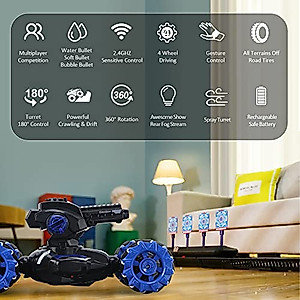 CXJ RC Tank Car, 3 Turret Remote Control Car, RC Tank That Shoots Water Bullets, 4WD RC Stunt Car with Chase Light Control, Bubble, Spray, 360°Rotating, LEDs Music, Toy Gifts for 8-12 Boys Kids