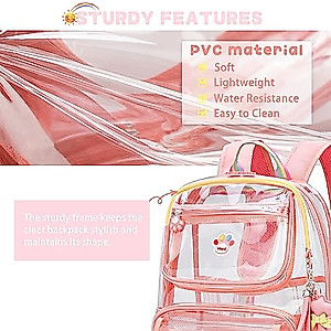 Maod Clear Backpack Heavy Duty Stadium Approved PVC Transparent Large School Book Bag with Free Sticker and A Pendant (Pink)