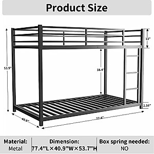 QSOSTNS Twin Over Twin Bunk Bed, Metal Low Profile Bunkbed with Side Ladder, Heavy-Duty Sturdy Metal, Noise Reduced, Safety Guardrail, No Box Spring Needed (Black)