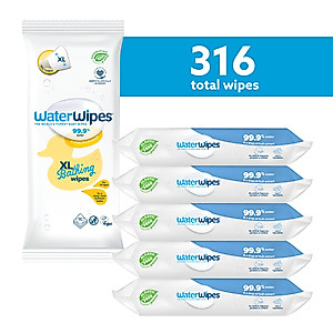 WaterWipes Bundle, Original 300 Count (5 packs) & XL Bathing Wipes 16 Count (1 pack), Plastic-Free, 99.9% Water Based Wipes, Unscented, Hypoallergenic for Sensitive Skin, Packaging May Vary