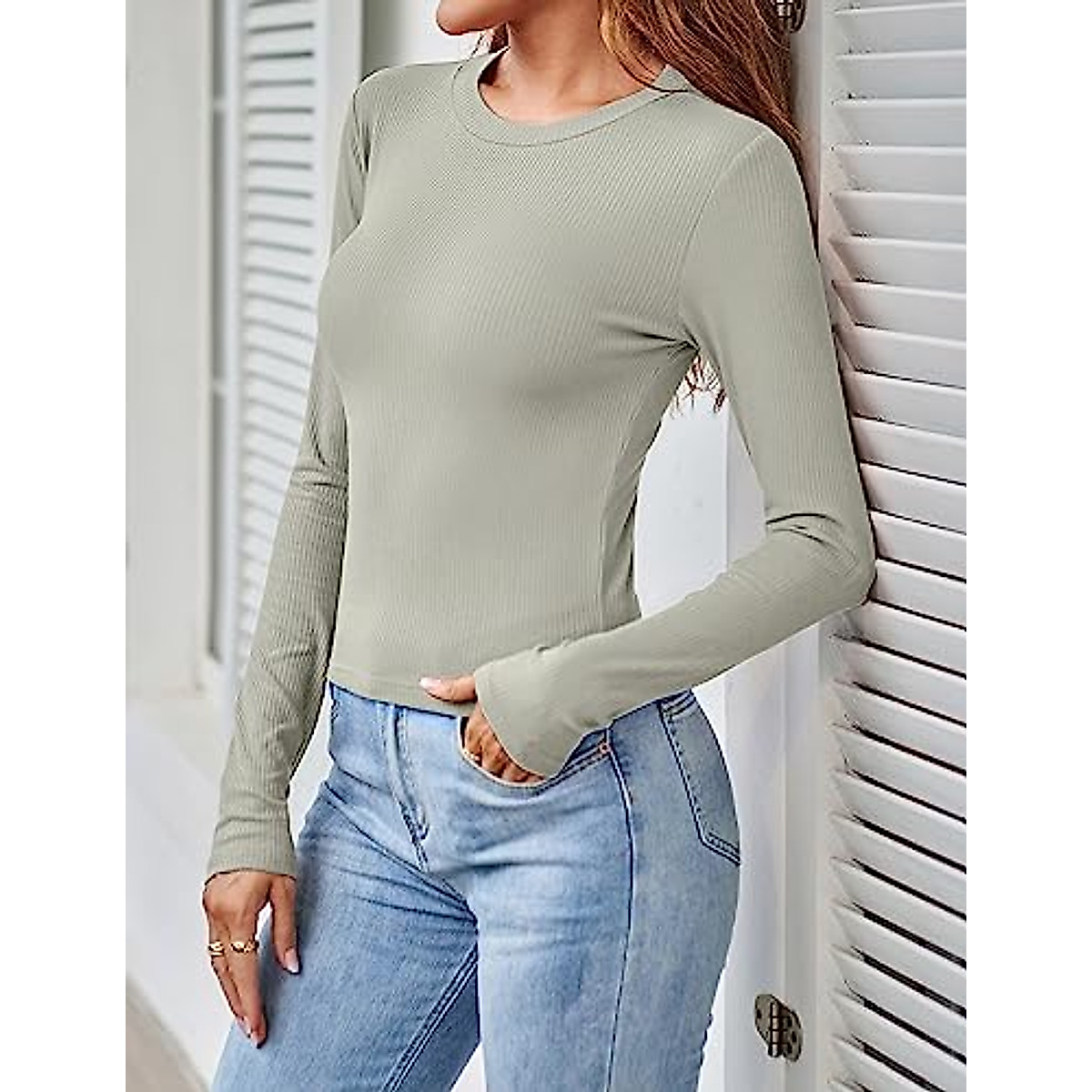 MEROKEETY Women Long Sleeve Slim Fit Crop Shirt Ribbed Knit Tops Casual Round Neck Y2K Tees Grey Small