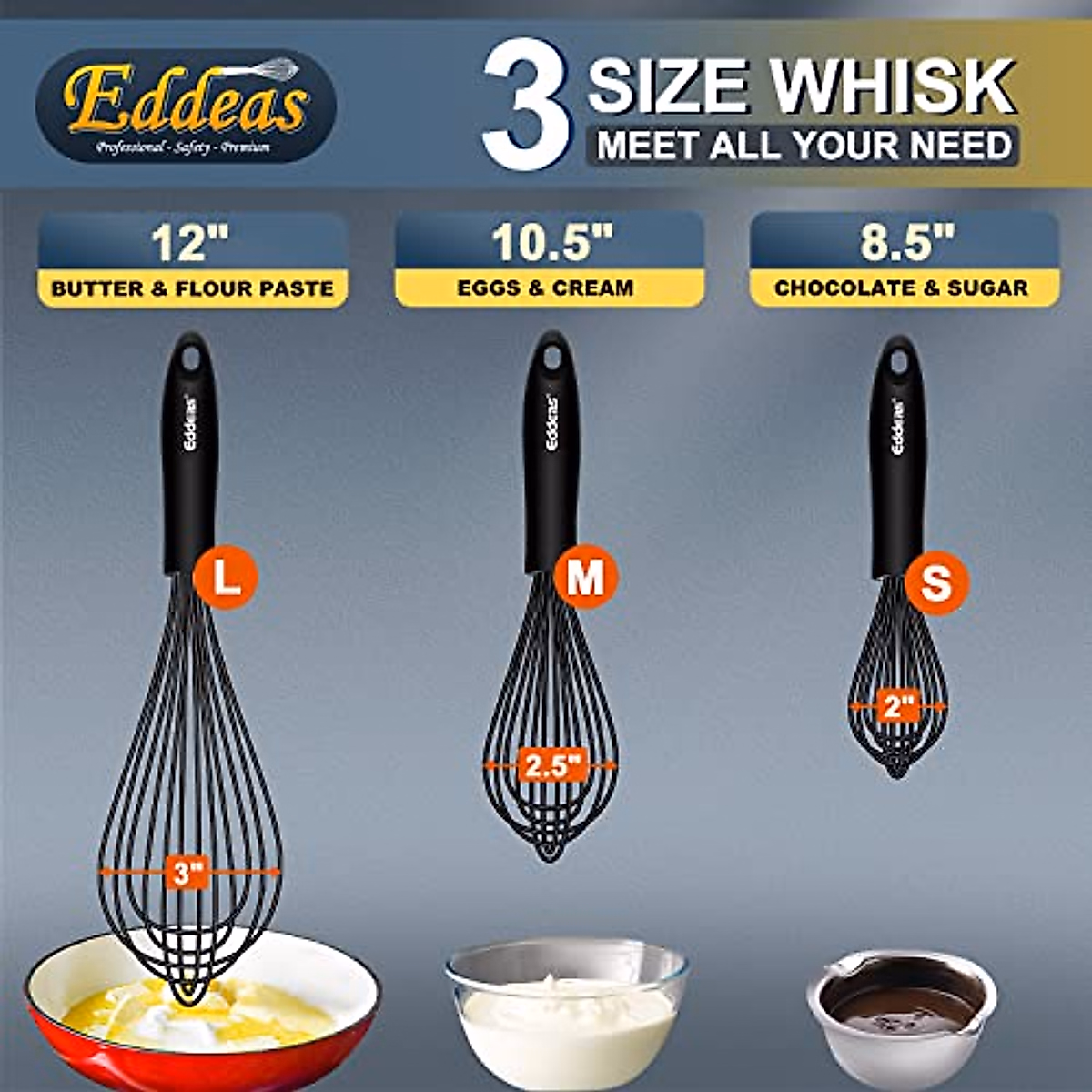 Silicone Whisk, Eddeas Stainless Steel & Silicone Non-Stick Coated Whisks set of 3--Heat Resistant Kitchen Whisks, Balloon Egg Beater Perfect for Blending, Whisking, Beating & Stirring, Black