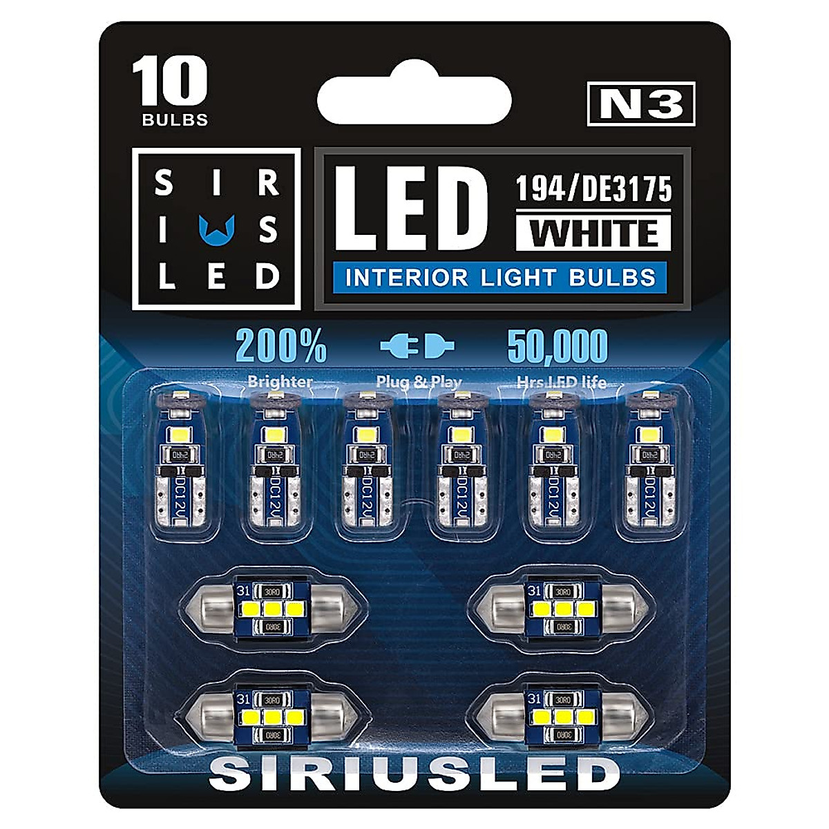 SIR IUS LED N3 DE3175 31MM 194 168 2825 Combo LED bulbs white Super Bright 300 Lumens 3030 Chipset for Japanese Car Truck Interiors Dome Map Door Courtesy License Plate Lights pack of 10