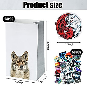 24 Pcs Wolf Party Treat Bags Wolf Goodie Favor Treat Bags Wolf Paper Present Bags with 24 Pcs Wolf Field Stickers for Wolf Themed Gift Bags Wolf Birthday Party Decorations Supplies